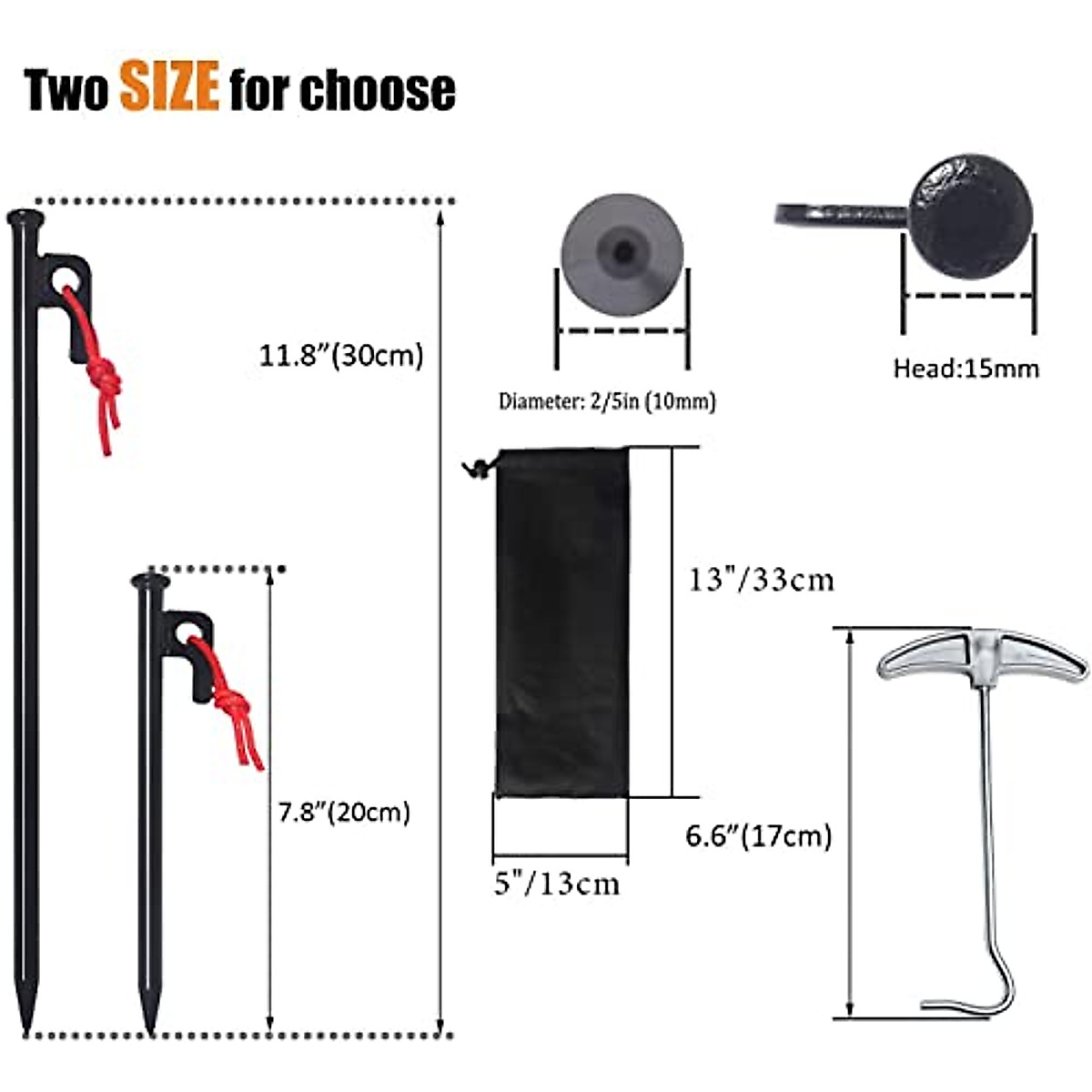 Hikeman 10pc-Pack Steel Tent Stakes,7.8”/11.8” Heavy Duty Tent Pegs with Stakes Puller Black Ground Nails for Car Camping Shelter Outdoor Trip Canopy (Black 11.8 inch)