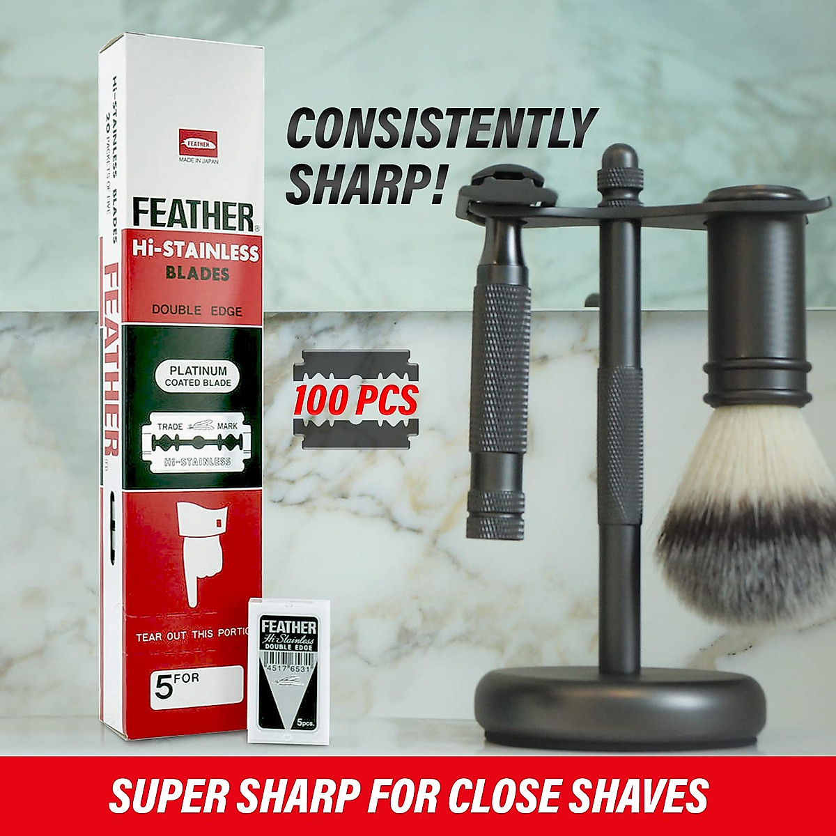 Feather Double Edge Safety Razor Blades - (50 Count) - Platinum Coated Hi-Stainless Steel Razor Blades - Fits Most Safety Razors - Super Sharp for Close Shaves - Made in Japan