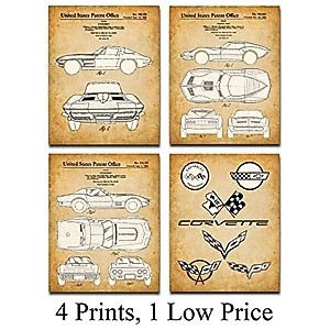 Original Corvette Patent Art Prints - Set of Four Photos (8x10) Unframed - Makes a Great Man Cave Decor and Gift Under $20 for Corvette Owners and Car Enthusiasts