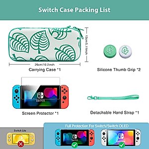 JINGDU Carrying Case for Switch, 4 in 1 Protective Storage Bag Set with Game Card Slots for Leaf Crossing Switch Console include Screen Protector & Thumb Grips & Hand Strap