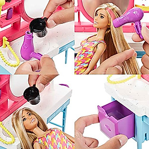 Barbie Doll and Hair Salon Playset with 15 Styling Accessories and Furniture, Long Color-Change Hair and Printed Dress