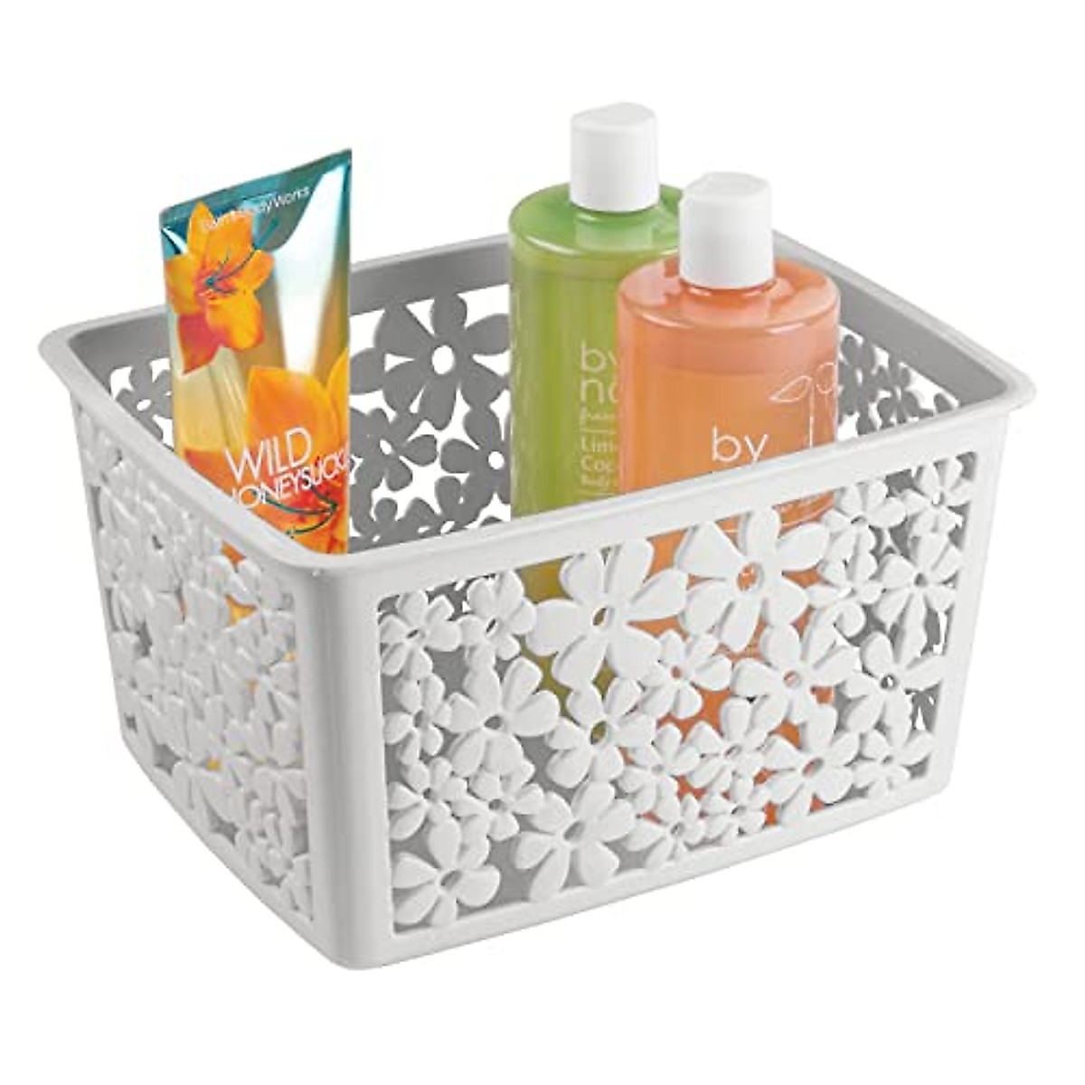 mDesign Plastic Bathroom Storage Basket Bin for Organizing Hand Soaps, Body Wash, Shampoos, Lotion, Conditioners, Hand Towels, Hair Accessories, Body Spray - Large, Floral Design, 6 Pack, Light Gray