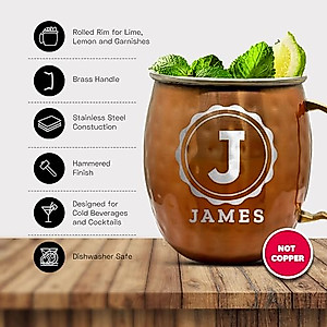 Personalized Custom Brown Mug Hammered Finish Moscow Mule with Brass Handle | Stamp Monogram Engraved Bar Style Cup, 18 oz | Set of 2