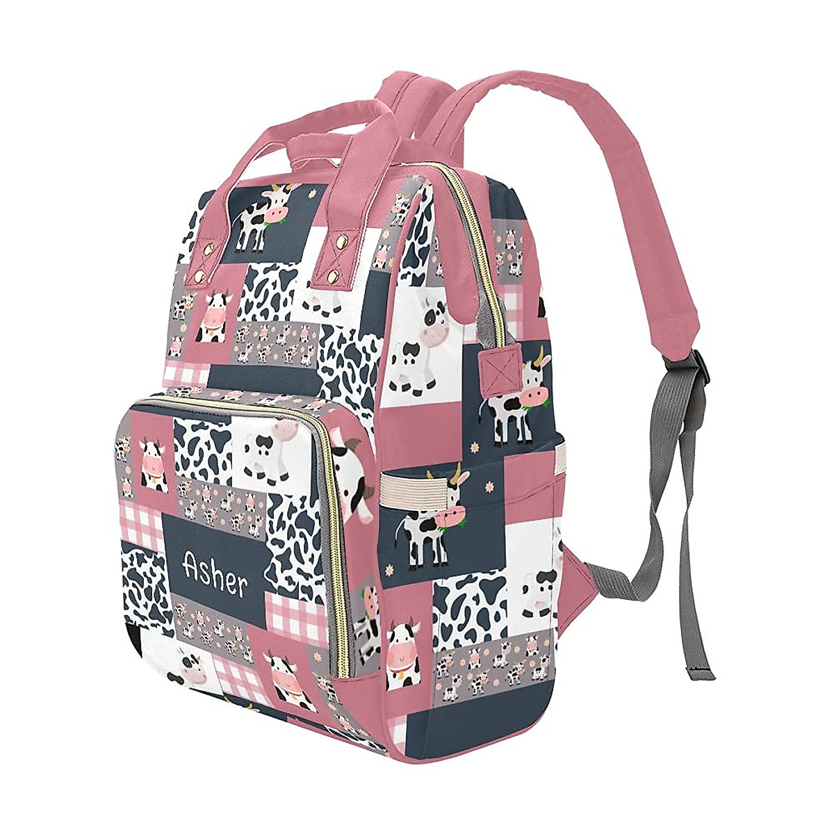 Yeshop Cute Cow Print Personalized Diaper Bag Backpack Tote with Name,Custom Travel Nappy Mommy for Baby Girl Boy Gift, 10.83 * 6.69* 15