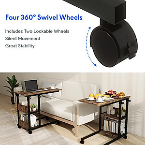 FLEXISPOT Adjustable C Table with Wheels, Mobile Snack Side End Table Sofa Couch Bedside Table Laptop Rolling Cart TV Tray Night Stand with Storage Shelves for Small Space Side Table,Rustic Brown