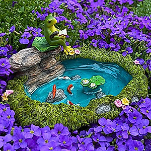 Mood Lab Fairy Garden - Miniature Fish Pond & Frog Figurine Kit - 2 pcs Set of Garden Accessories - Outdoor or House Decor