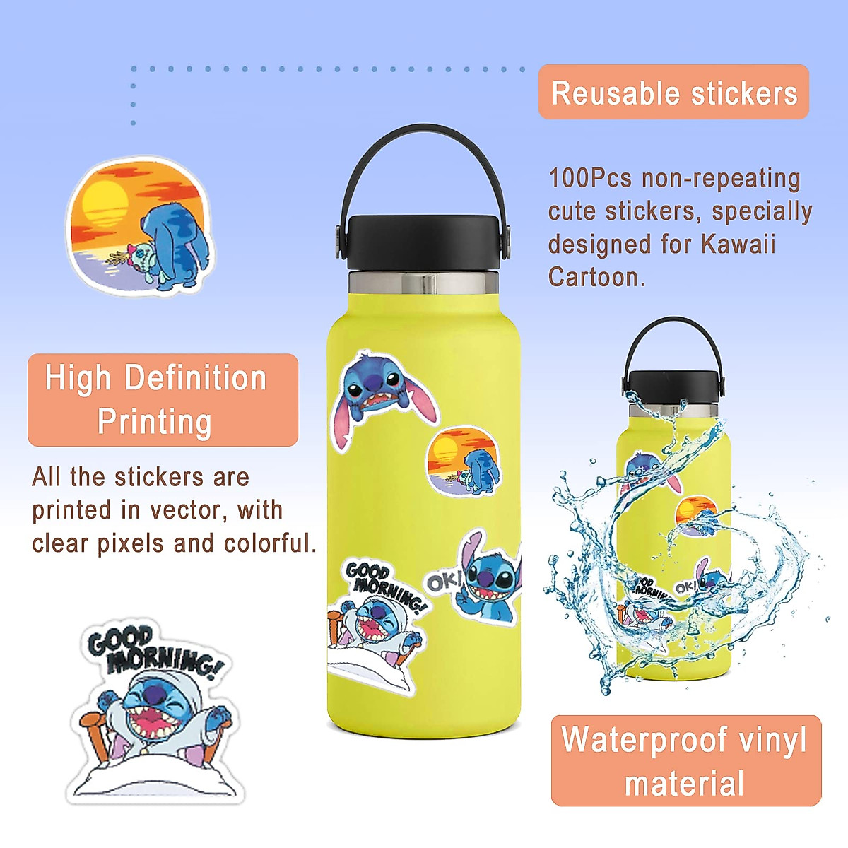 100 Pcs Stitch Stickers,Waterproof Lilo & Stitch Stickers for Water Bottles, Laptop,Bumper,Computer,Phone,Helmet,Vinyl Reusable Stickers and Decals Kids Teens