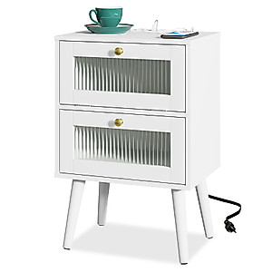 RRX Wooden Nightstand with Charging Station, Bedside Table with Reeded Glass Door Drawer, 2 Tiers End Table Storage,Side Table for Bedroom White (1)