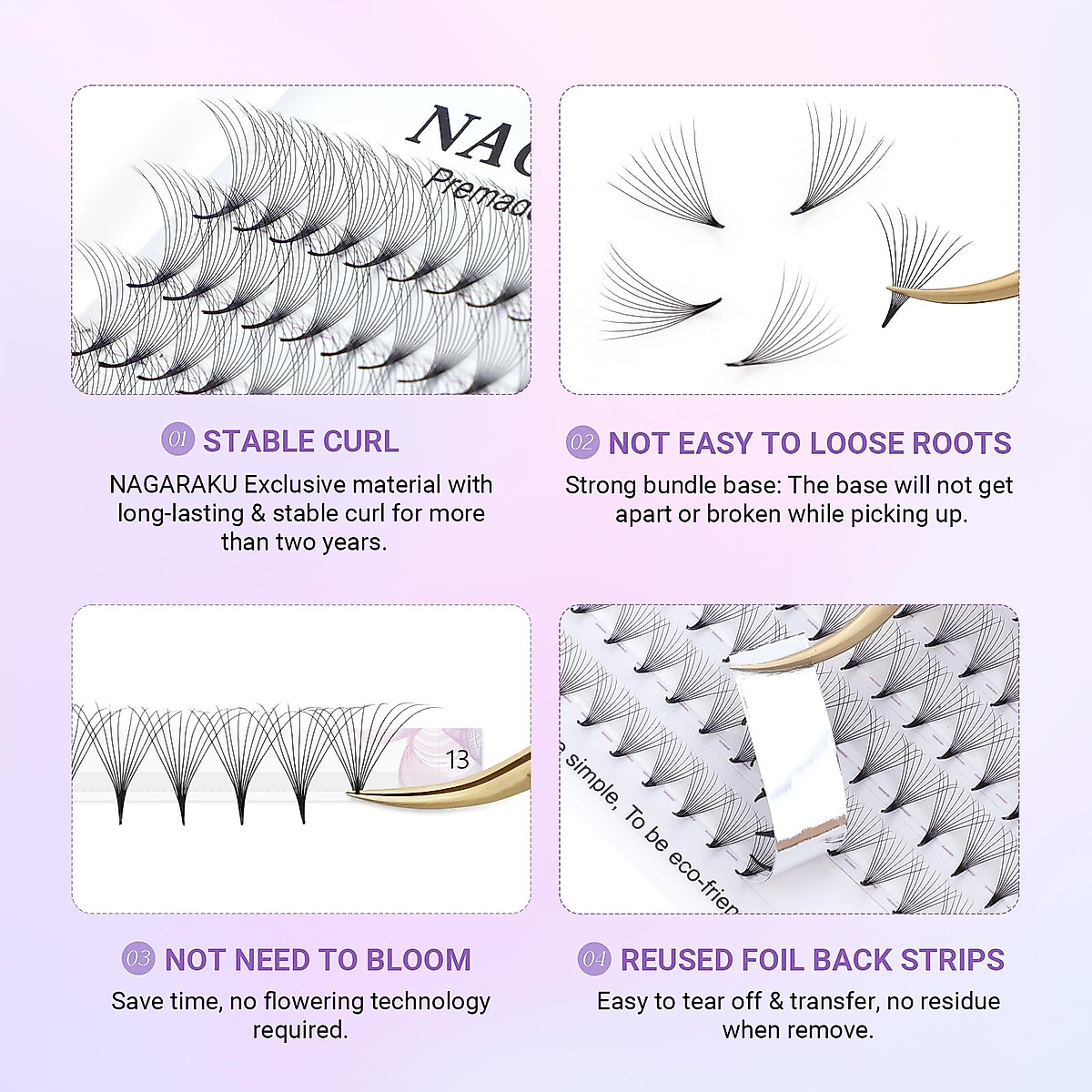 NAGARAKU Premade Fans Eyelash Extensions 320 Fans 6D Volume 0.07mm D curl 9-14mm Mix Tray Sharp Narrow Stem Clusters Thin Pointy Base Russian Pre Fanned Fluffy Matte Black