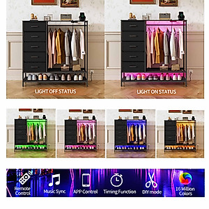 Dresser for Bedroom, Dresser with Hanging Rack Led Lights and Charging Station, Black Bedroom Dresser with 5 Fabric Chest of Drawers with PU Finish Storage Organizer, for Living Room Kids Room, Black