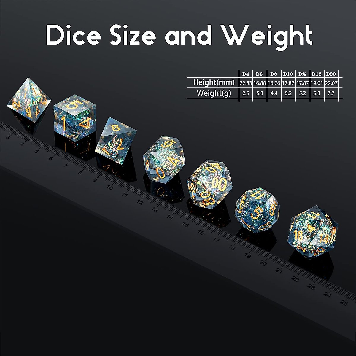 Dungeons and Dragons Dice Set,DNDND Handmade Sharp Edge 7 Die with Gift Dice Case for DND Dungeons and Dragon Game (Dark Cyan with Gold Number)