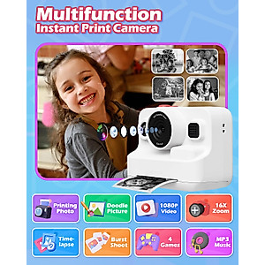 Anchioo Kids Camera Instant Print, 1080P Kids Digital Camera with Printer Paper, Christmas Birthday Gift for Girls Boys Age 3-12, Kids Print Camera Toy for 4 5 6 7 8 Year Old Boy, 32G SD Card - White