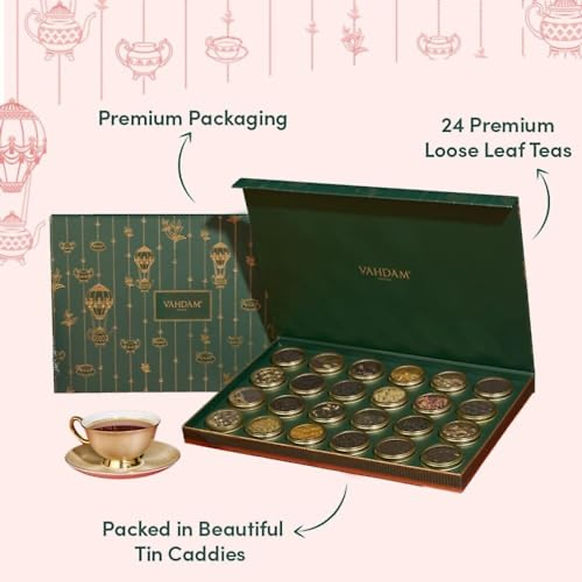 VAHDAM, Assorted Tea Sampler Set (7.06oz, 100+ Cups) 24 Varieties - Green Tea, Chai Tea, Herbal Tea, Black Tea | Premium Tea Gift Sets, Gluten Free & Non GMO | Gifts for Women & Men, Gifts for Him/Her