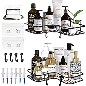 ADORAMOUR Corner Shower Caddy Set -2 Pack Bathroom Organizer with Soap Dish, Adhesive Storage Rack for Toiletries, Shower Shelf Drill-Free or Drilling Install Options Shampoo Holder, Black