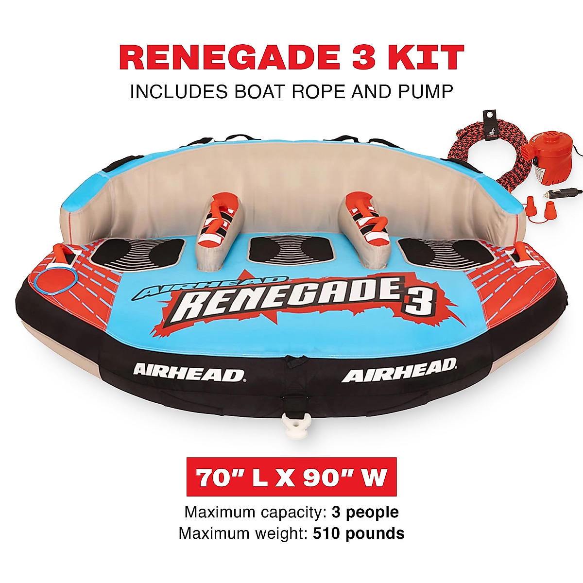Airhead AHRE-503 Renegade Big 3 Person Inflatable Towable Water Tube Seat Rider Boating Tubing Kit with Boat Pull Rope and Pump for Kids and Adults