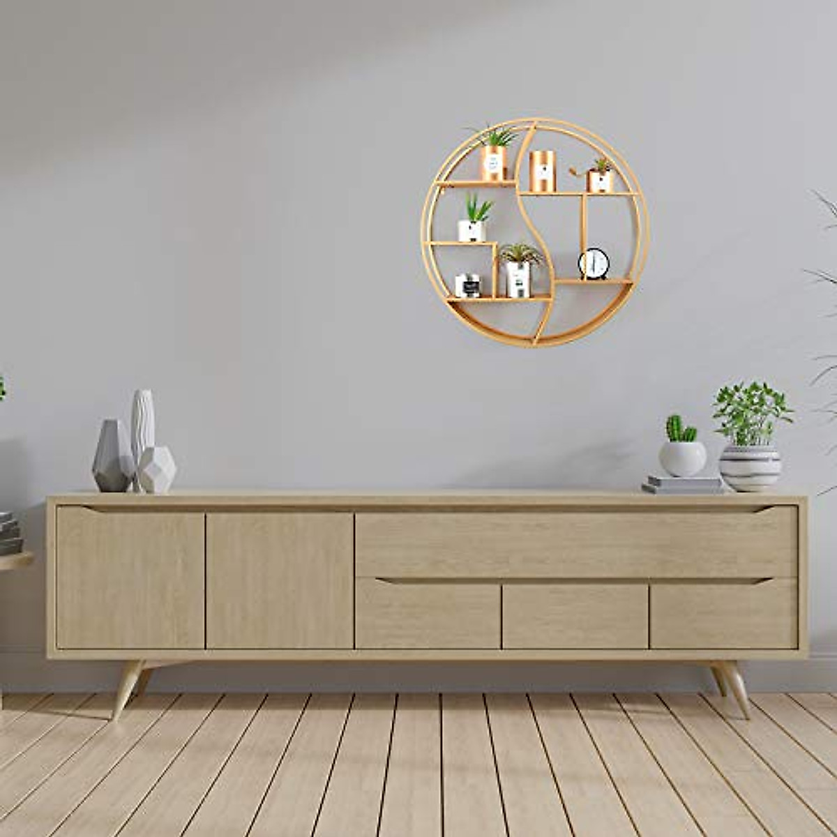 GLCS GLAUCUS Floating Shelves Wall Mounted,Rustic Decor Wood Wall Shelf Round Metal Wall Mount Display Organizer Holder for Home Decor,Gold