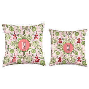Chinoiserie Pattern Gifts by Southerngal Personalized 'M' Chinoiserie Chinese Dragon Pink Green Throw Pillow, 18x18, Multicolor