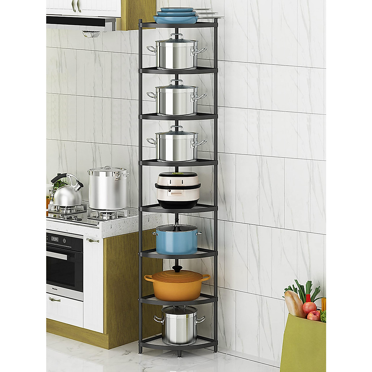 ZANIYO Kitchen Corner Shelf Rack, Multi-layer Pot Rack Storage Organizer Stainless Steel Shelves Shelf Holder (8 Tier)