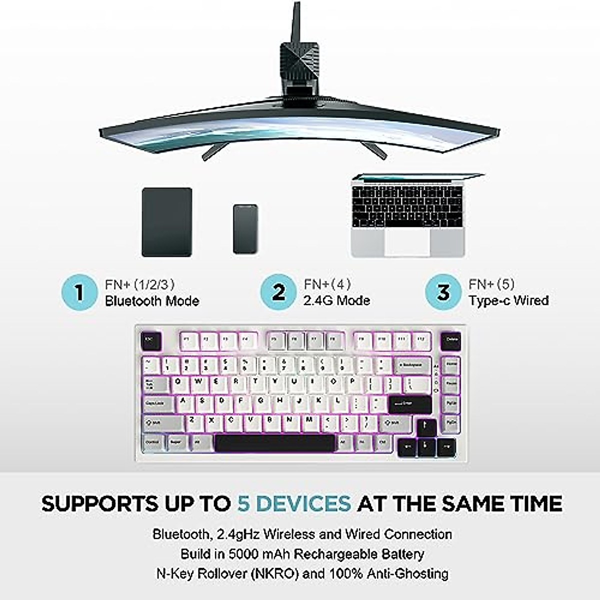 YUNZII YZ75 75% Hot Swappable Wireless Gaming Mechanical Keyboard, RGB Backlights, BT5.0/2.4G/USB-C, Dye Sub PBT Keycaps for Linux/Win/Mac(Gateron G Pro Yellow, White)