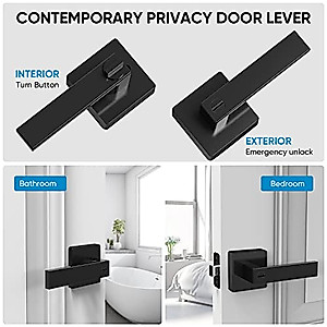 TICONN Black Door Handle Heavy Duty, Matte Black Reversible Square Door Lever for Bedroom, Bathroom and Rooms (Privacy, 5 Pack, Black)