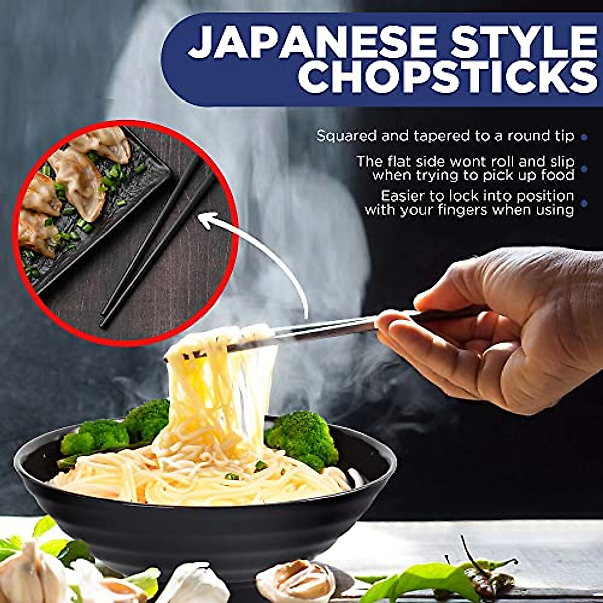 ANNIE'S KITCHEN Japanese Ramen Bowl Set Naruto Ramen Bowl with Chopsticks- Melamine Dinnerware Set. 33oz Ramen Noodle Bowls, Asian Soup Spoon, Japanese Chopsticks, Stands. 8 Piece Set for 2