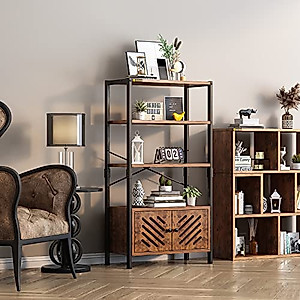 YQ FUNLIS Tall 3-Tier Bookshelf with Doors,Wooden Bookcase with Storage,Standing Display Storage Cabinet Shelves Rustic Bookcase for Home Living Room Bedroom Office