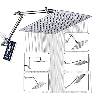 PDPBath 10" Rain Shower Head with 16" Adjustable Height&Distance Extension Arm, 304 Stainless Steel High Pressure Rainfall Showerhead, All Metal Square Waterfall Showerhead with Extender - Chrome