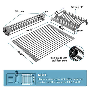 EMIERAI Upgraded Roll Up Dish Drying Rack(17.1” x 13.1”) Over Sink Dish Drainer Foldable Stainless Steel Trivet for Kitchen Countertop
