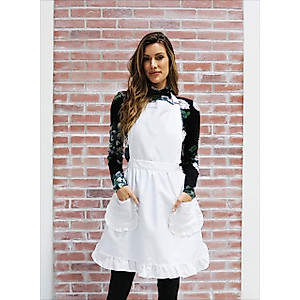 ModParty Apron for Women Ruffle Trim with Pockets Adjustable Straps Retro Kitchen Apron for Baking & Cooking (White)