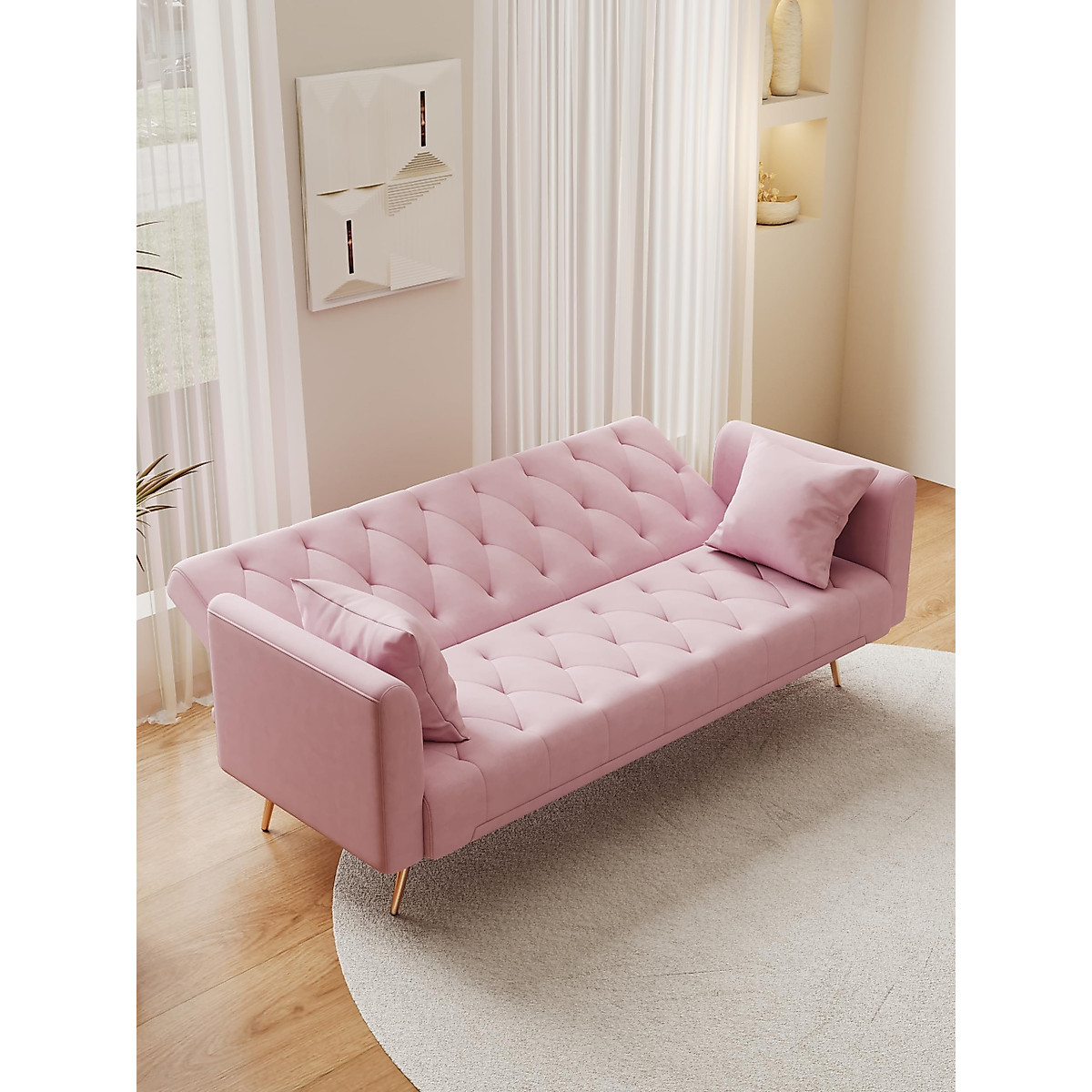 TZXTW Comfy Loveseat with Adjustable backrest,Convertible Sleeper Sofa Bed with Gold Leg and 2 Pillows,Upholstered Futon Sofa,Small Couches for Small Spaces,Living Room,Bedroom,Apartment,Office,Pink