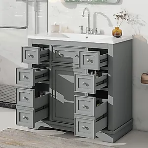 Entcook 36" Bathroom Vanity with Top and Sink, Bathroom Sink Vanity Set with 1 Cabinet 6 Drawers, Solid Wood and MDF Board, Bathroom Sink and Vanity Combo Set for Bathroom Grey