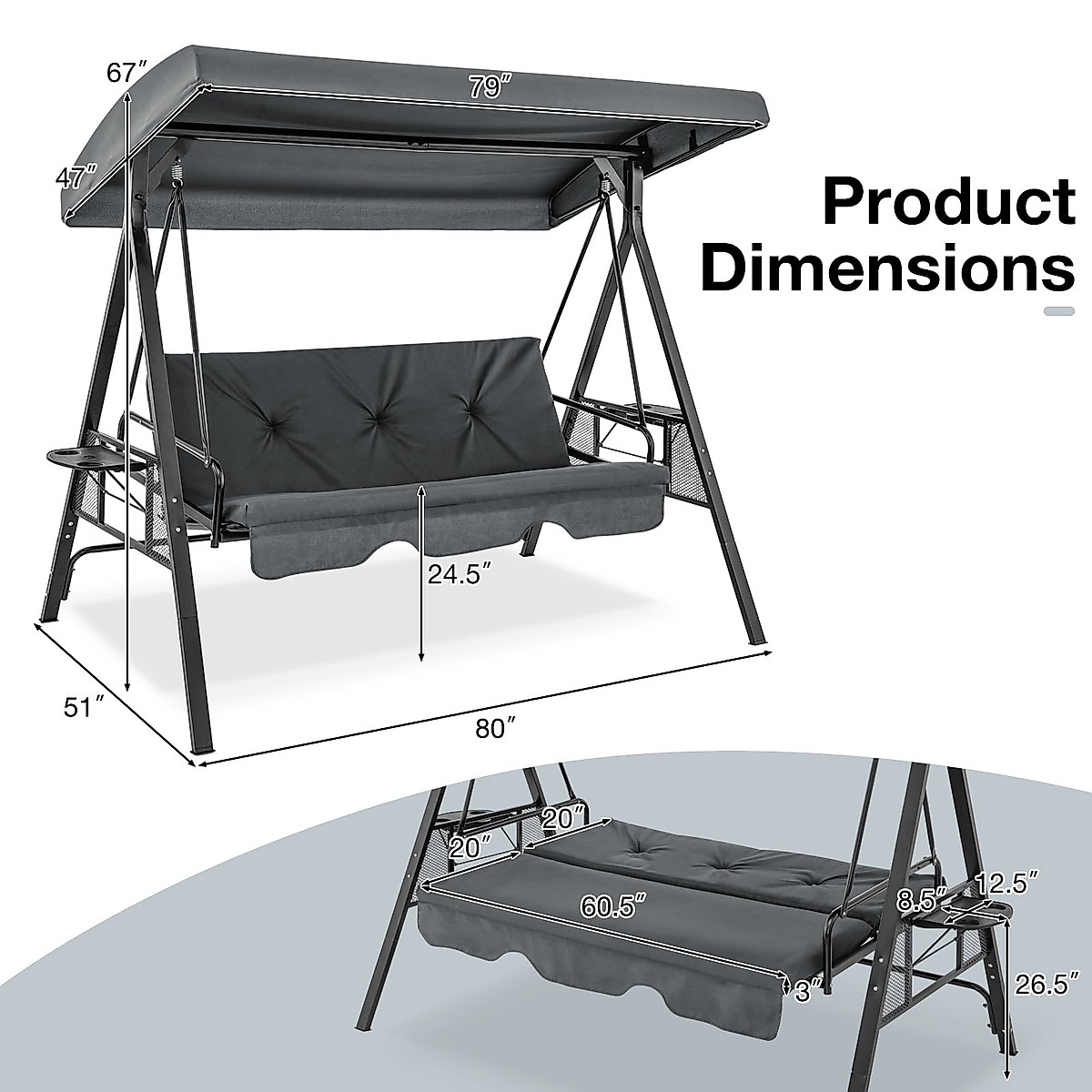 Tangkula 3 Person Porch Swing, 2-in-1 Convertible Patio Swing Bed with Adjustable Canopy, 2 Cup Holder Table, Soft Seat & Back Cushions, Outdoor Swing for Backyard, Garden, 1000 lbs Max Load (Grey)