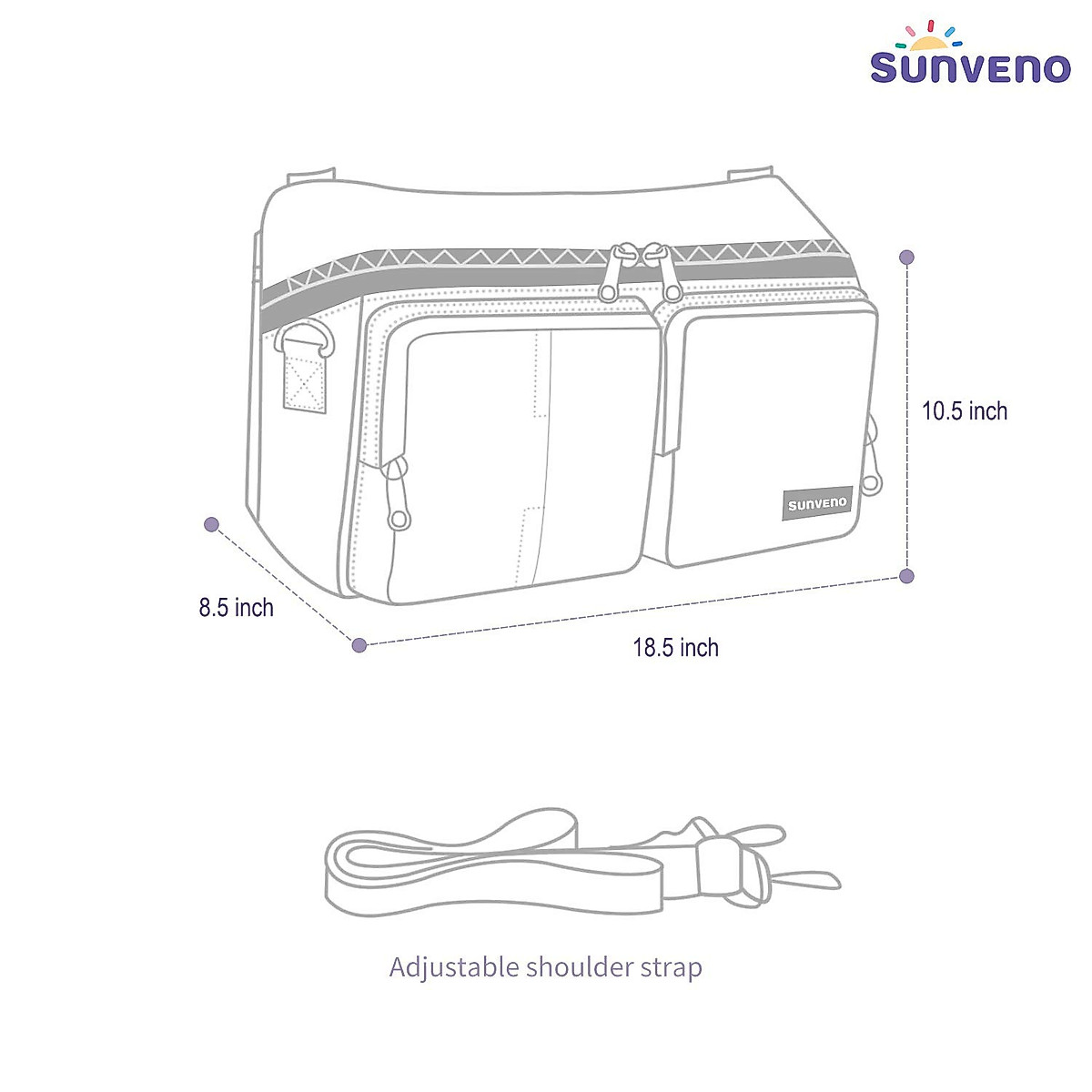 SUNVENO Universal Stroller Organizer and Storage with Mesh Compartment, Grey