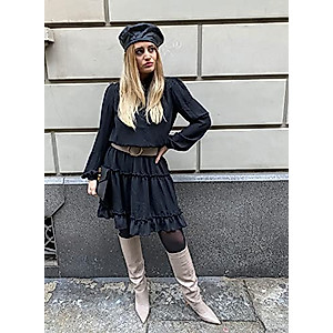 Happy Sailed Western Dresses for Women 2024 Sexy V Neck Long Sleeve Ruffle Layered Self Tie Swing Mini Dresses Black Small