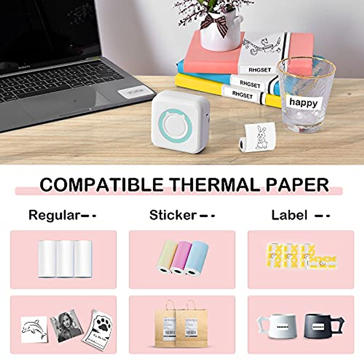 SUNLONG Mini Pocket Sticker Printer, Bluetooth Wireless Portable Mobile Printer Machine Thermal Printer for Notes, Memo, Photo, Pocket Label Receipt Printer Compatible with iOS & Android