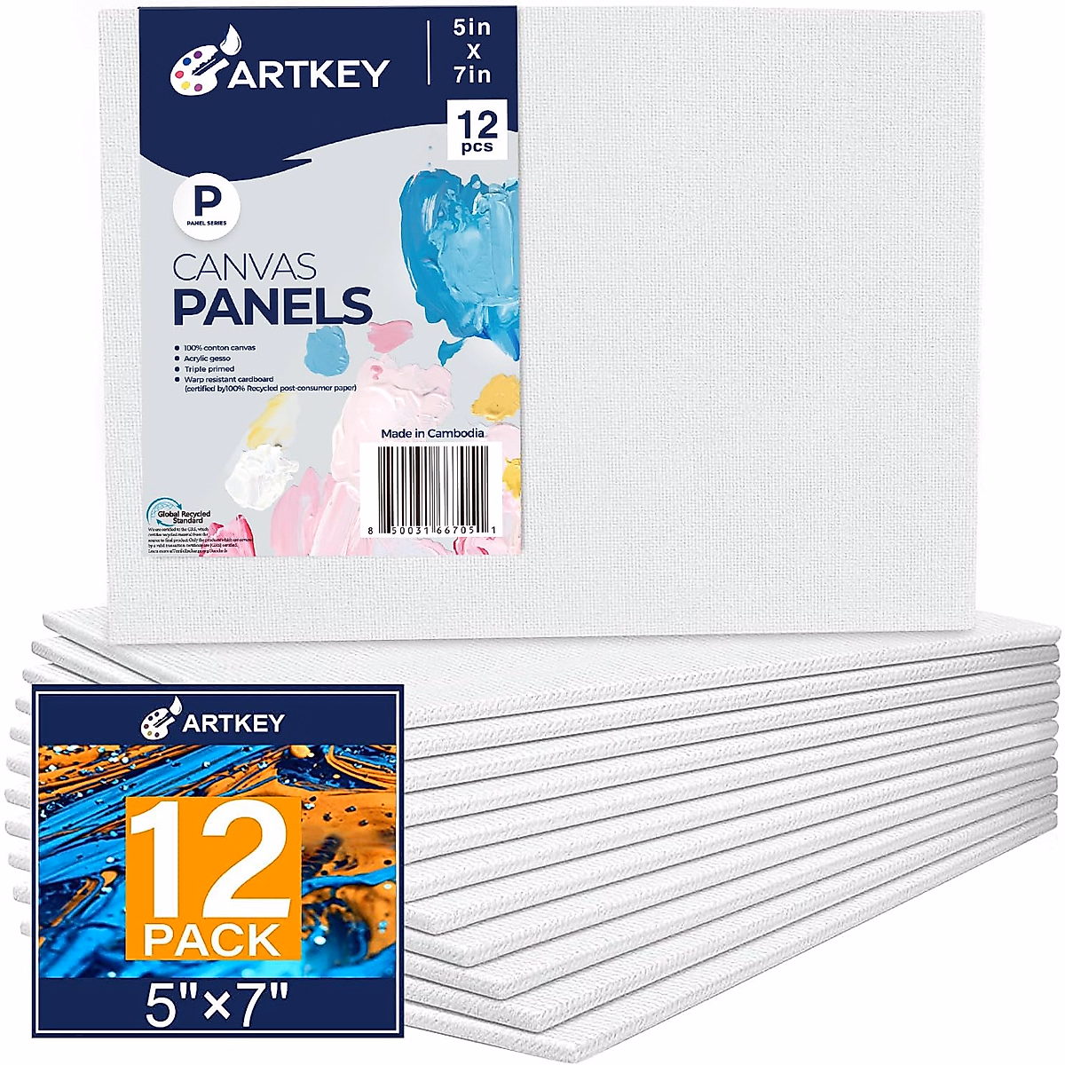 Artkey Canvas Boards 5x7 Inch 12-Pack, 10 oz Primed 100% Cotton White Blank Canvases for Painting, Art Paint Canvas Panels for Acrylic Oil Watercolor Tempera Paints