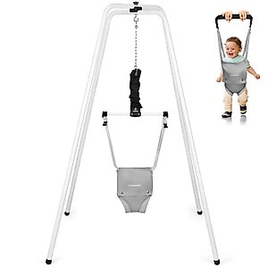 Cowiewie 2 in 1 Baby Jumper with Strong Support Stand, w/Walking Harness Function, Baby Exerciser Quick-Fold and Storage, White+Gray