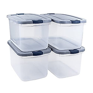 Rubbermaid Roughneck Clear 66 Qt/16.5 Gal Storage Containers, Pack of 4 with Latching Grey Lids, Visible Base, Sturdy and Stackable, Great for Storage and Organization