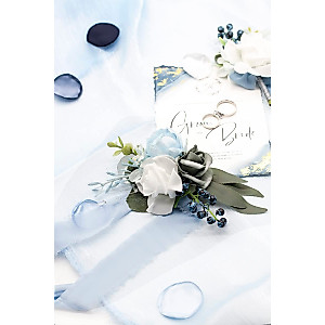 Ansofi Set of 6 Dusty Blue Wrist Corsages for Wedding, Corsage Wristlet Bracelet Hand Flower for Boho French Rustic Wedding Ceremony, Anniversary Prom Homecoming Formal Dinner Party