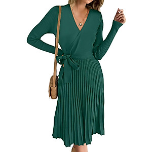 ANRABESS Women Long Sleeve Sweater Dress Wrap V Neck Pleated Ribbed Knit A Line Belted Tie Waist Midi Dress Fall Outfits deep green Small