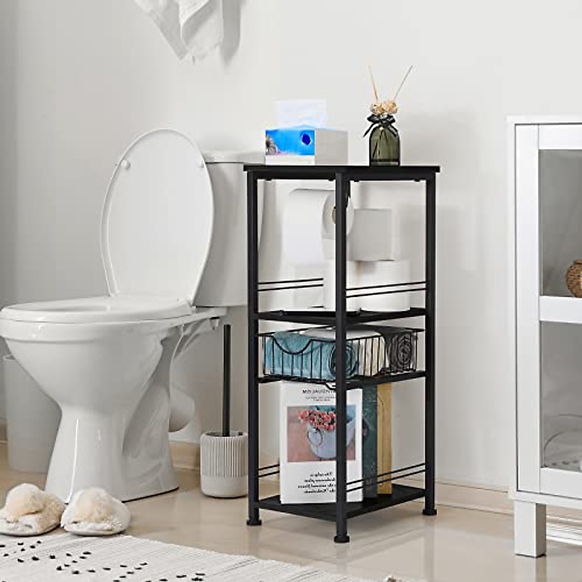 Bathroom Shelf 3 Tier Bathroom Storage Cabinet Freestanding Tower Rack with Drawer Floor Towel Storage Stand with Toilet Paper Hanger Narrow Storage Organizer Rack for Laundry Room Bedroom Black