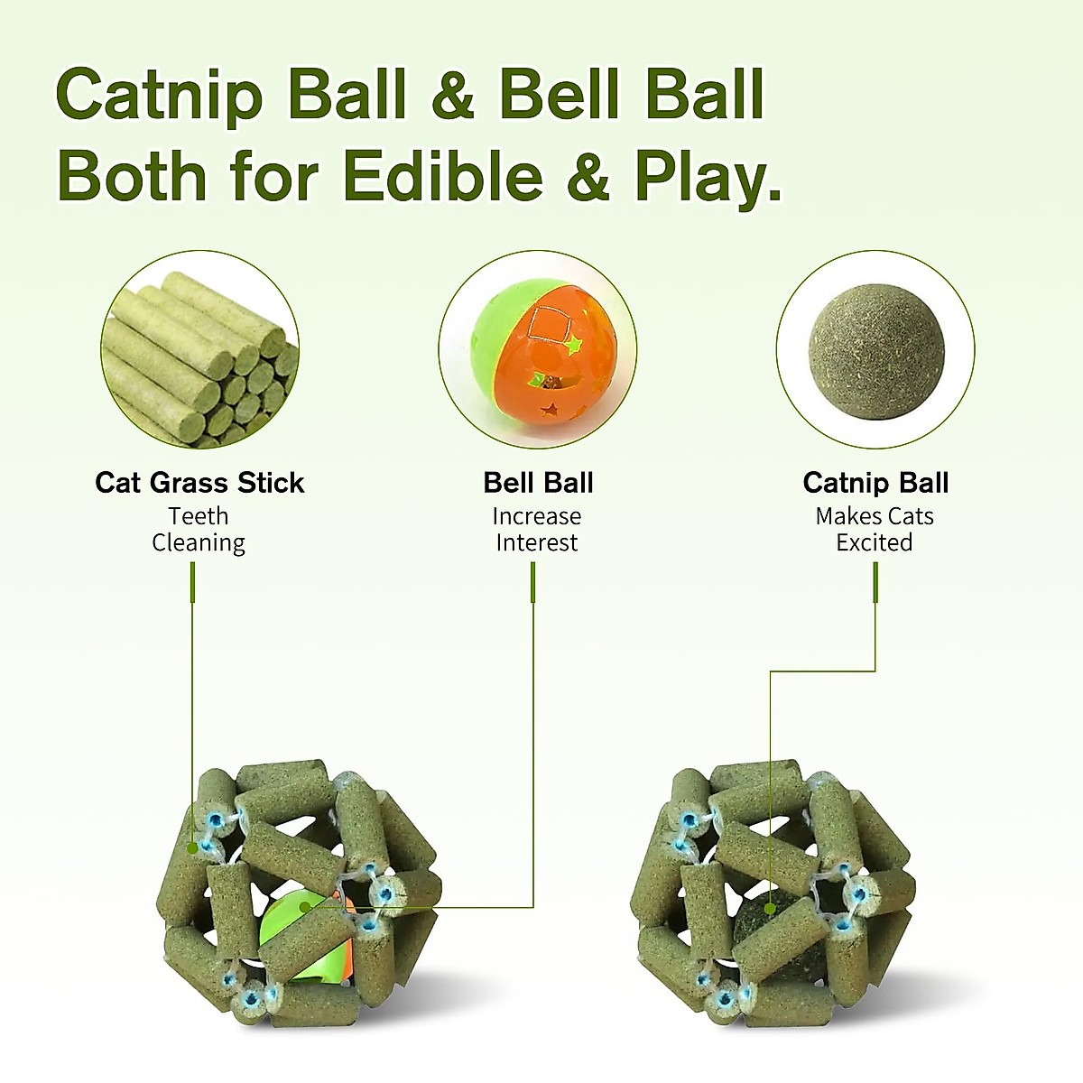 Gochanmon Cat Toys,2 Pcs Cat Grass Stick Cage Balls & Bell Ball,Cat Toys for Bored Indoor Cats,Safe Teeth Cleaning Cat Toothbrush,Cat Chew Toy for All Breeds