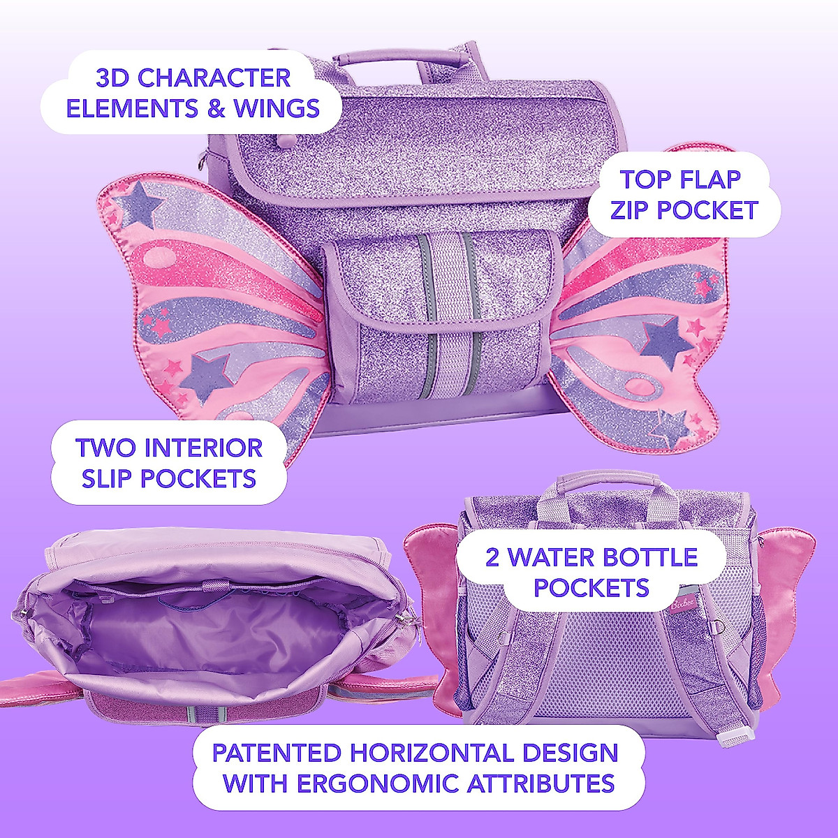 Bixbee Toddler Backpack, Purple Sparkly Butterfly Bookbag for Girls & Boys Ages 3 - 5 | Daycare, Preschool, Elementary School Bag for Kids | Easy to Carry & Water Resistant