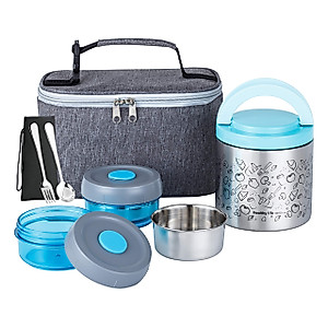 Lille Home Vacuum Insulated Lunch Box Set for Men & Women - Leak-Proof Bento Box, Meal Prep & Food Storage Containers, Lunch Bag, Portable Silverware Set(Blue)