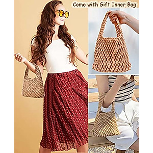 Hand-woven Soft Tote Crochet bag Cotton Rope with Leather Base Net Bag Boho Purse Wovens Bag
