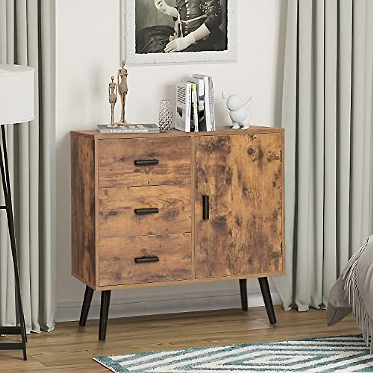 Iwell Storage Cabinet with Door & 3 Drawers, Mid Century Cabinet with Adjustable Shelf, Storage Cabinet for Living Room, Bedroom, Home Office, Rustic Brown