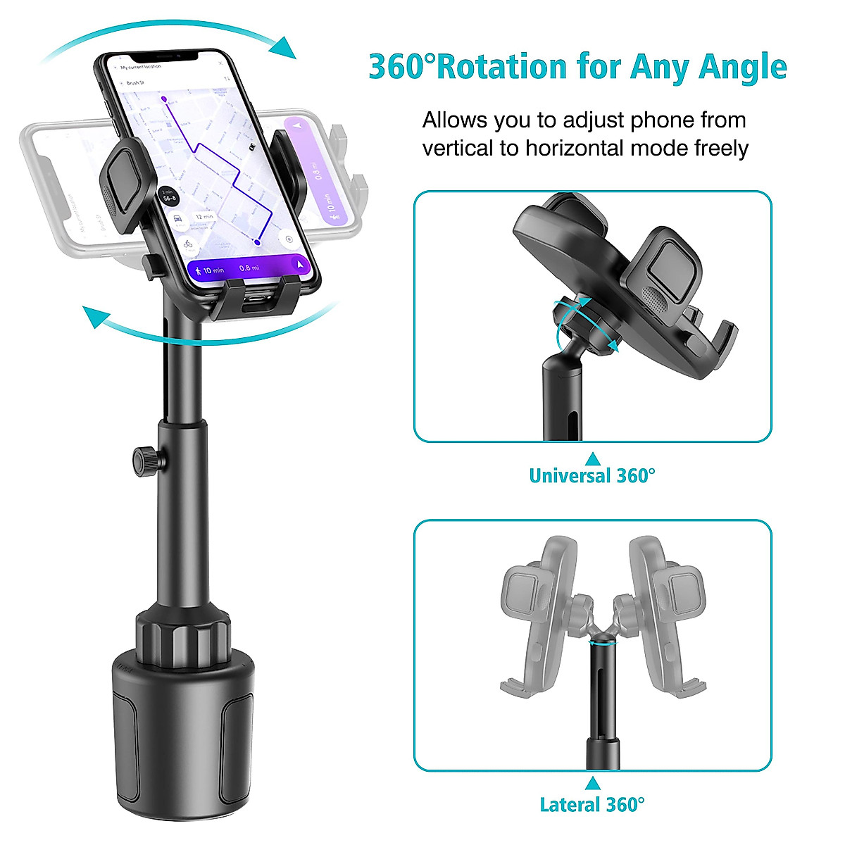 Outsolidep Cup Holder Phone Mount for Car, Universal Cupholder Cradle Cup Phone Holder for Car Truck with Adjustable Height, Expandable Base and 360° Rotation, Compatible with iPhones, Andriod Phones