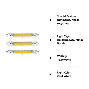 CTKcom 118mm/4.65In 15W White 6000K R7S LED Bulb (3 Pack) 110V T3 J Type Halogen Bulb Replacement 150W Halogen Bulb Equivalent Double Ended