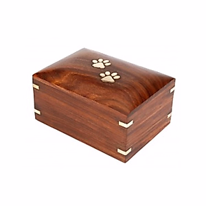 SUPER QUALITY HANDICRAFTS INDIA Wooden Brass Paw Print Urns For Pet Ashes | Wood Cremation Urns For Cat and Dog Ashes | Decorative Urns | Funeral Urns | Keepsake Box