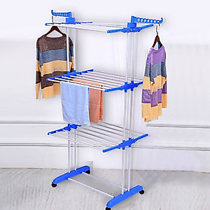TOLUON Clothes Drying Rack, Movable Drying Rack with 4 castors, 3 Tier Clothes Horses Rack, Laundry Garment Dryer Stand with Two Side Wings for Home (Grey)